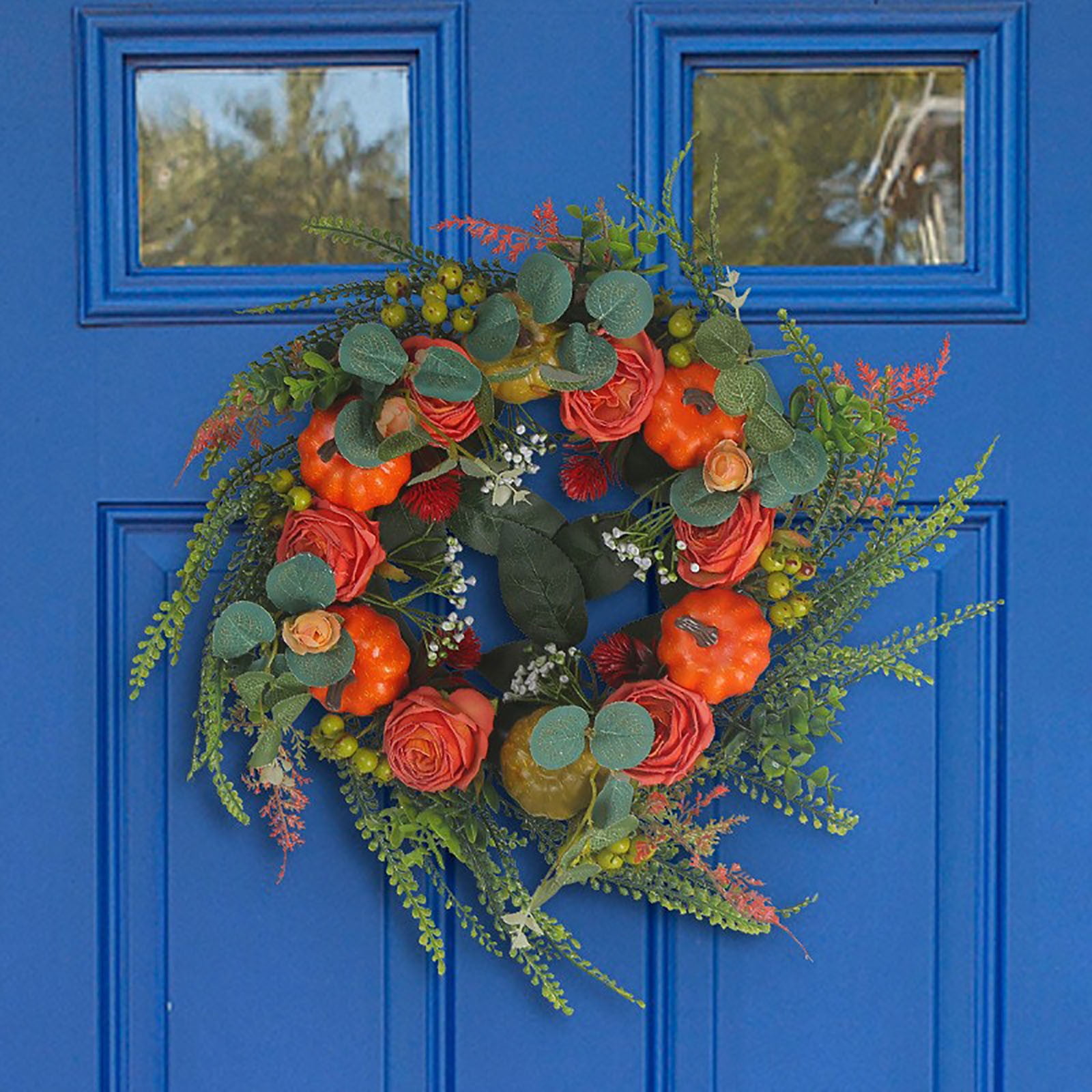 AURIGATE Artificial Fall Wreath with Pumpkins and Maple Leaves,Orange ...