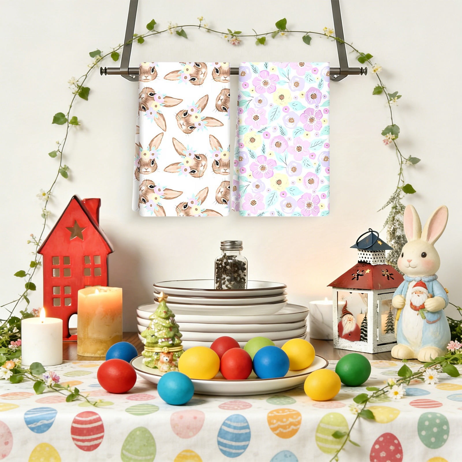 AURIGATE Easter Bunny Kitchen Towel Set, Floral & Rabbit Print ...
