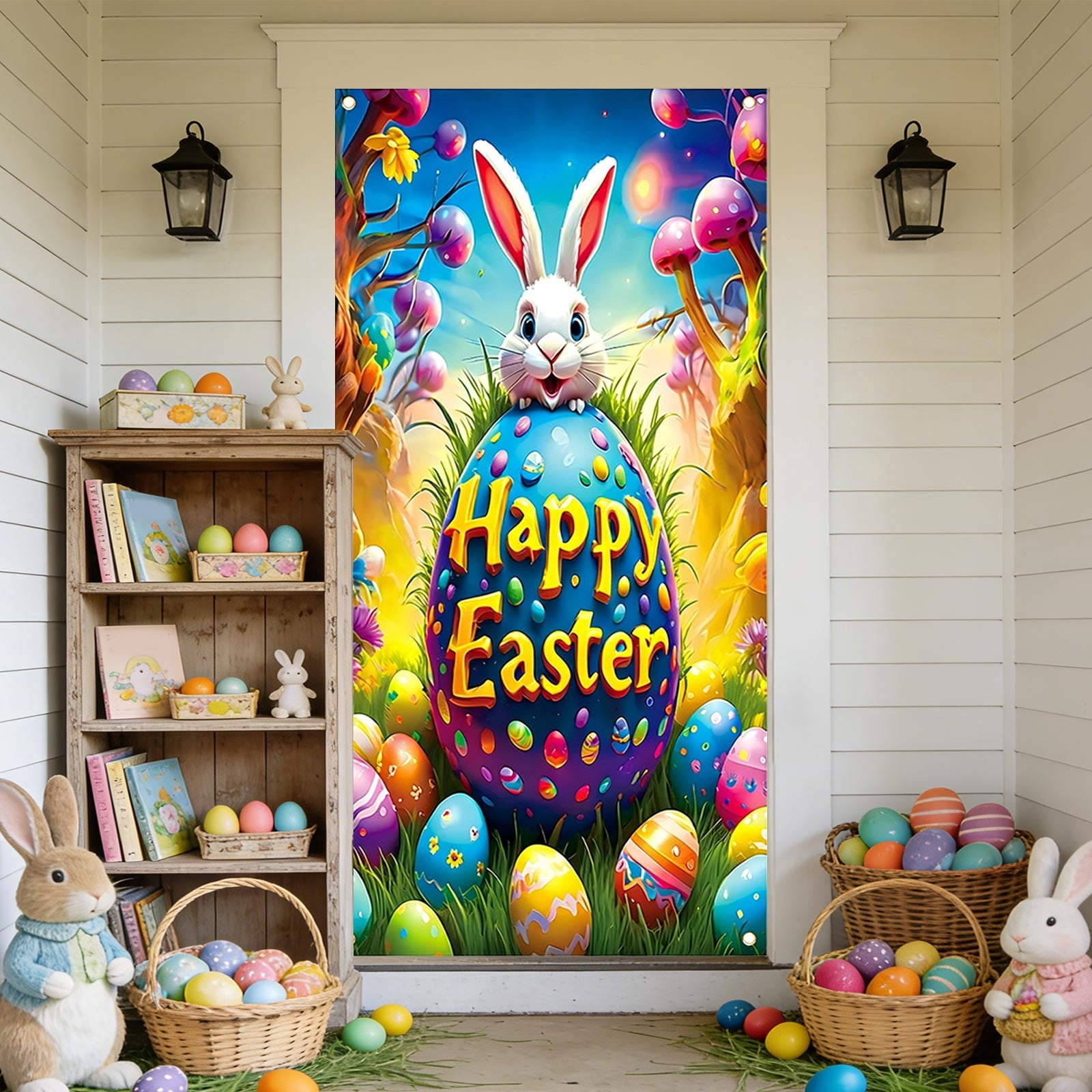 AURIGATE Easter Door Cover 35.4"x70.9" - Bunny & Egg Cart Design ...