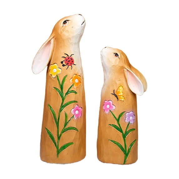 AURIGATE Easter Floral Wood Carved Bunny Figurine Set of 2, Hand ...