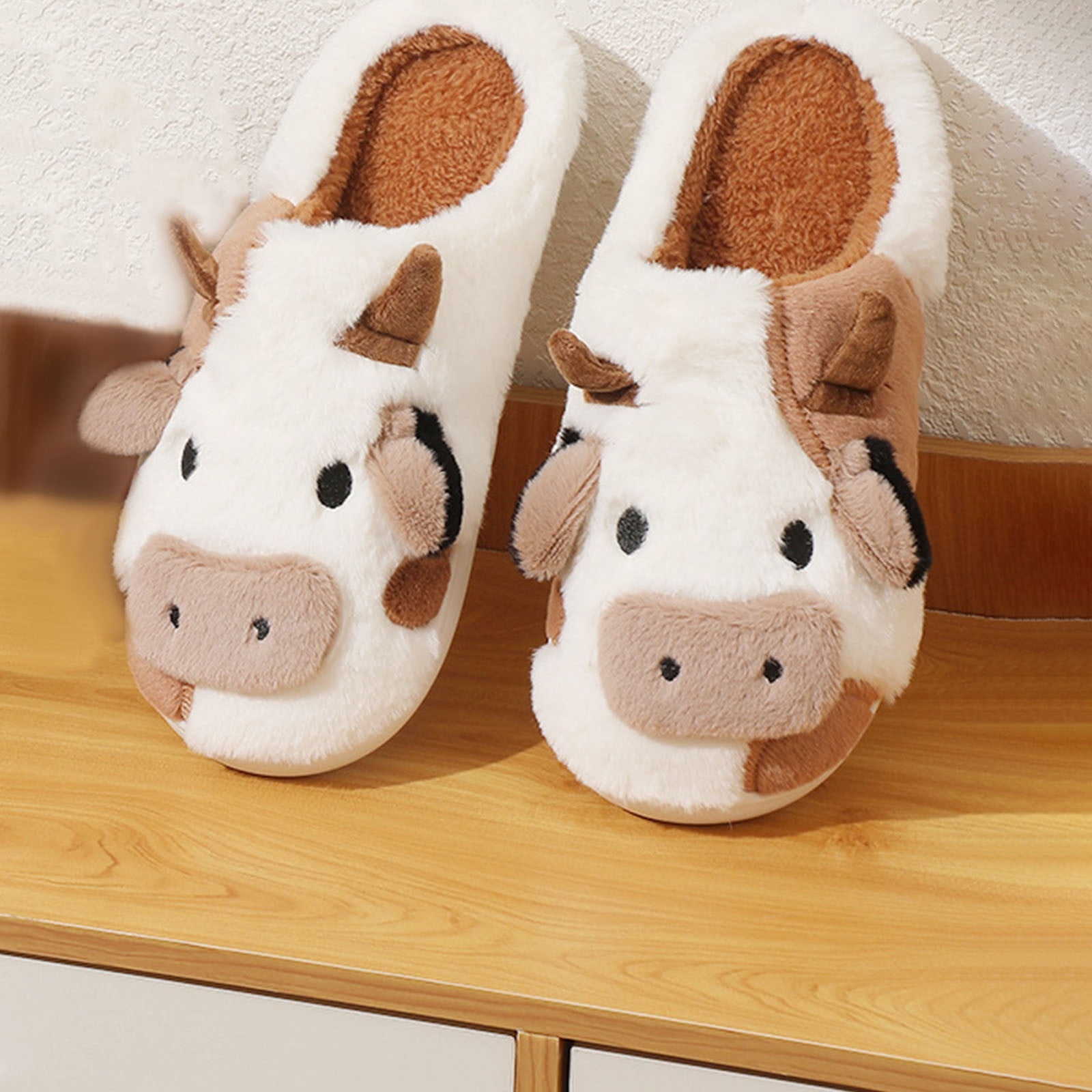 AURIGATE Kawaii Fuzzy Cute Cow Slippers for Women Winter Warm Cozy Animal Fluffy Kawaii House ...