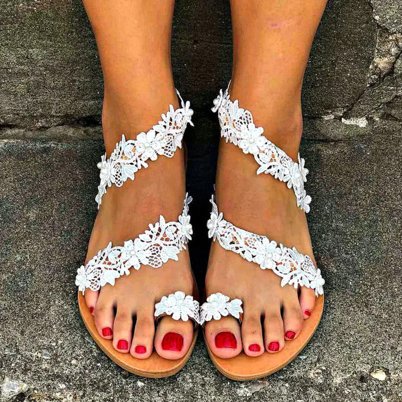 AURIGATE Sandals for Women Dressy Summer Boho Flower Lace Pearl Flat ...