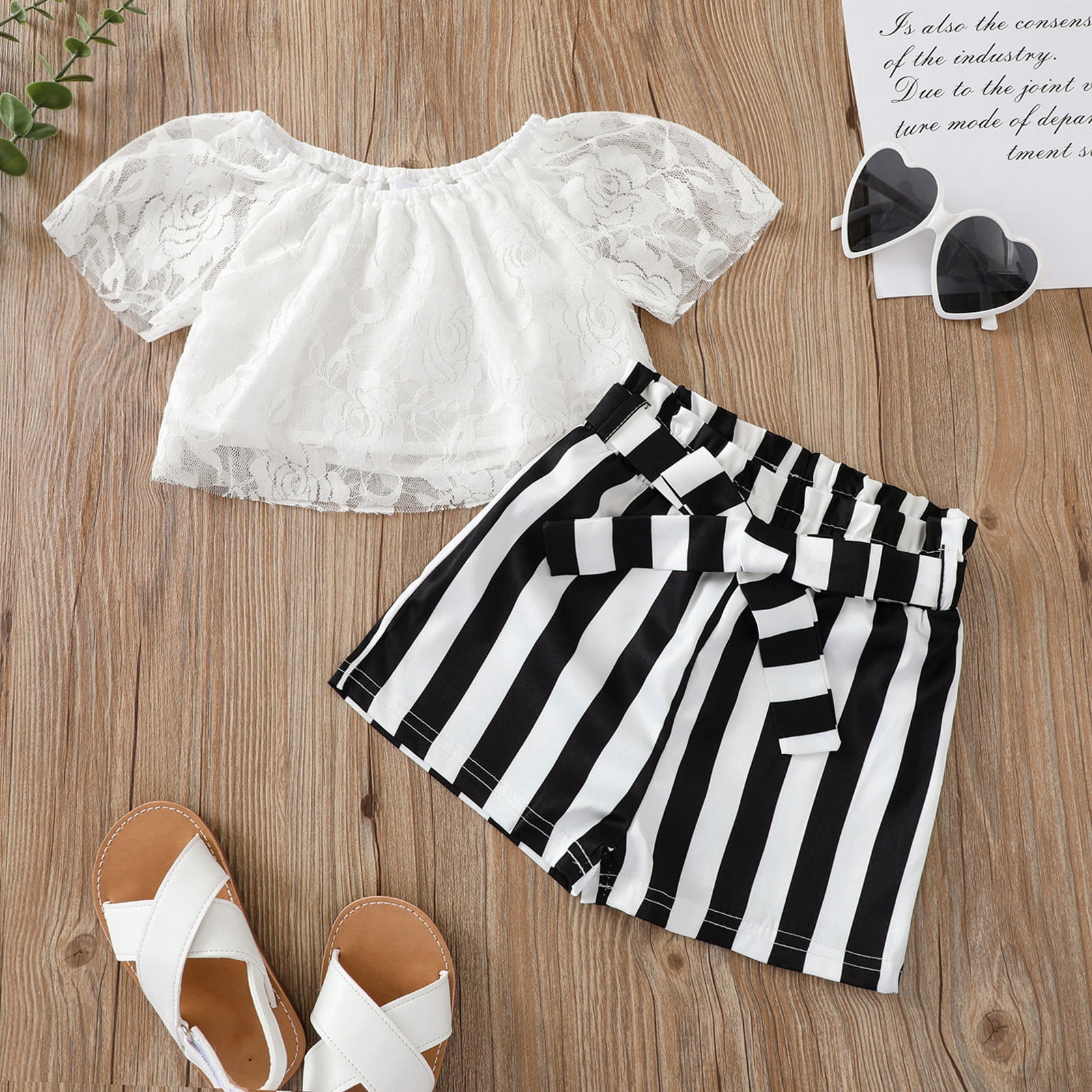 AURIGATE Toddler Girls Clothes Set Summer Short Sleeve Lace Tops ...