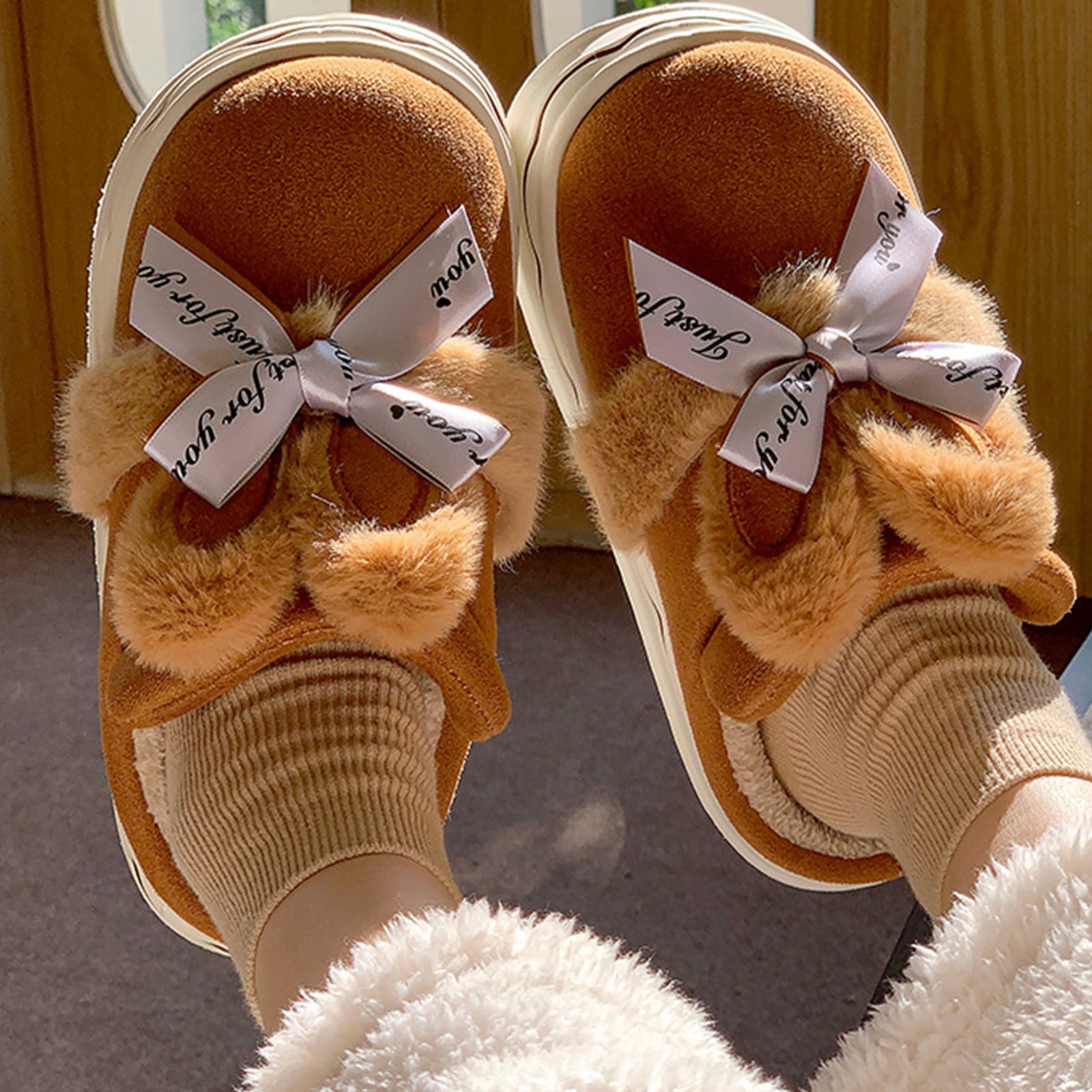 AURIGATE Women Cute Rabbit Ear Plush Slippers House Non-Slip Fluffy ...