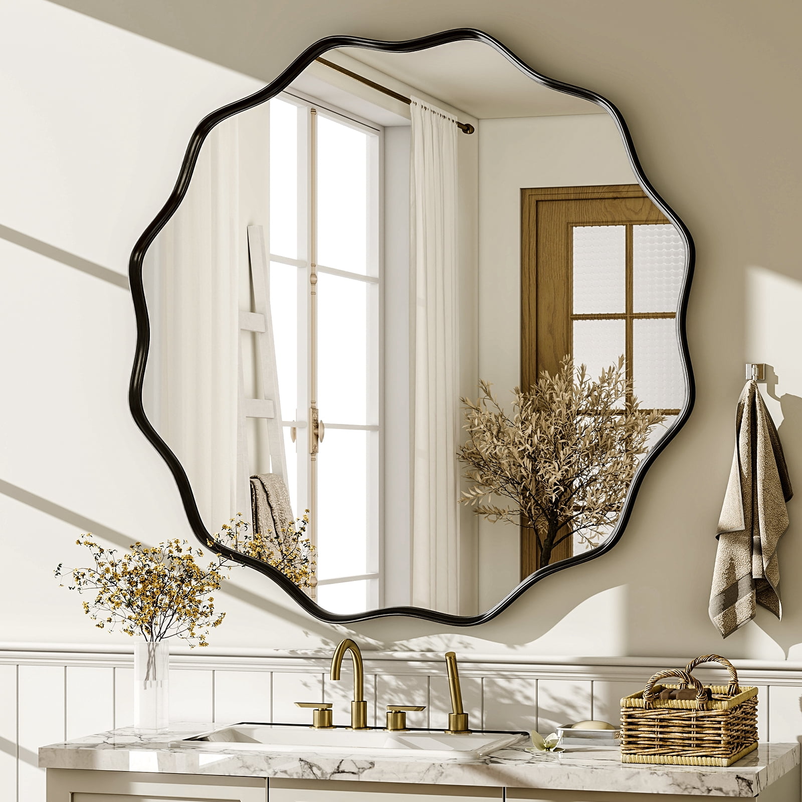AUROMIR 36" Wavy Round Bathroom Mirror Wall Mounted Modern Vanity ...