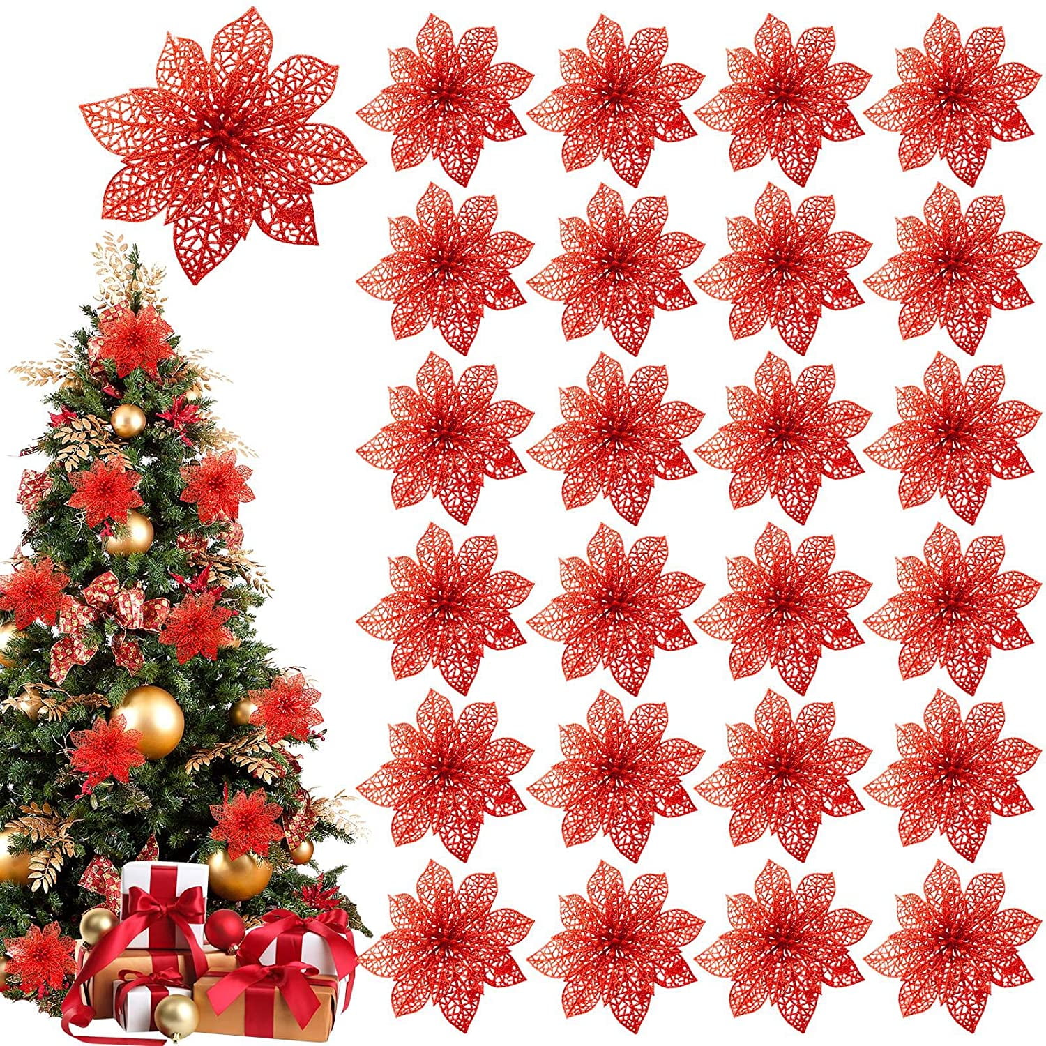 AURORA TRADE 12 Pack 6inch Poinsettia Christmas Decorations Christmas ...
