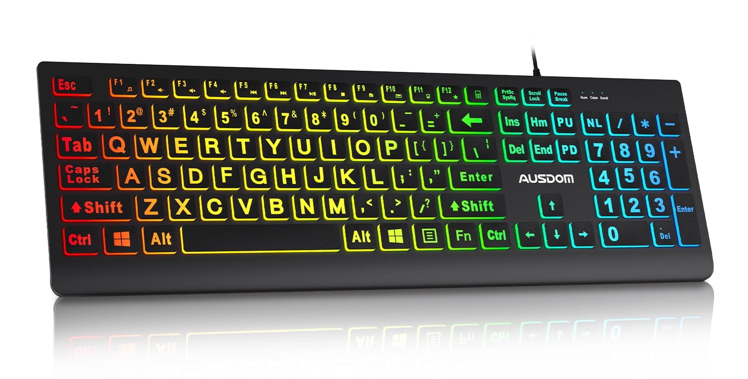 AUSDOM Large Print Backlit Wired USB Full Size Keyboard, Quiet Office ...