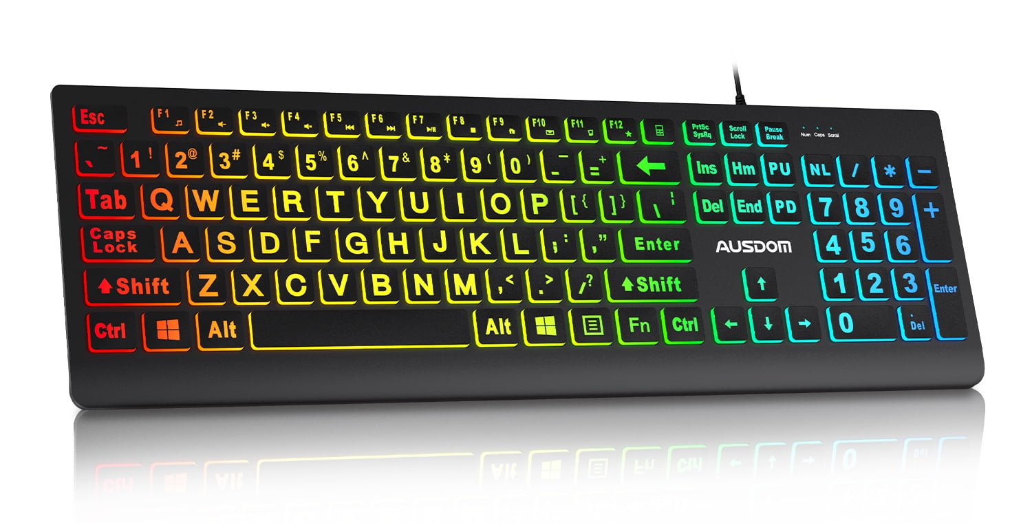 AUSDOM Large Print Backlit Keyboard,Quiet USB Wired Computer Full Size ...