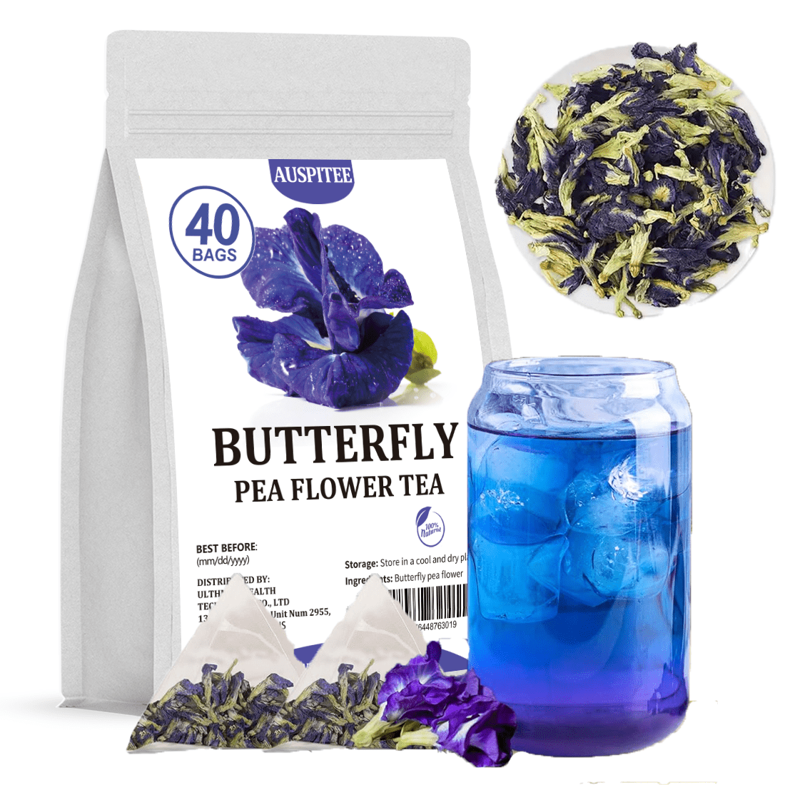 AUSPITEE Butterfly Pea Flower Tea Bags,2.11oz(1.5g*40),Made With ...
