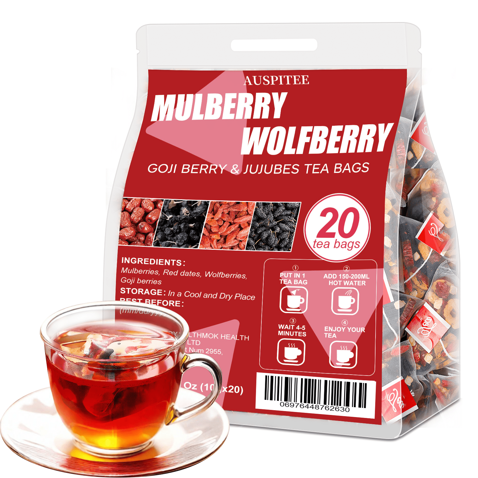 AUSPITEE Mulberry Wolfberry Tea Bags, 10g*20packs, Red Dates,4 ...