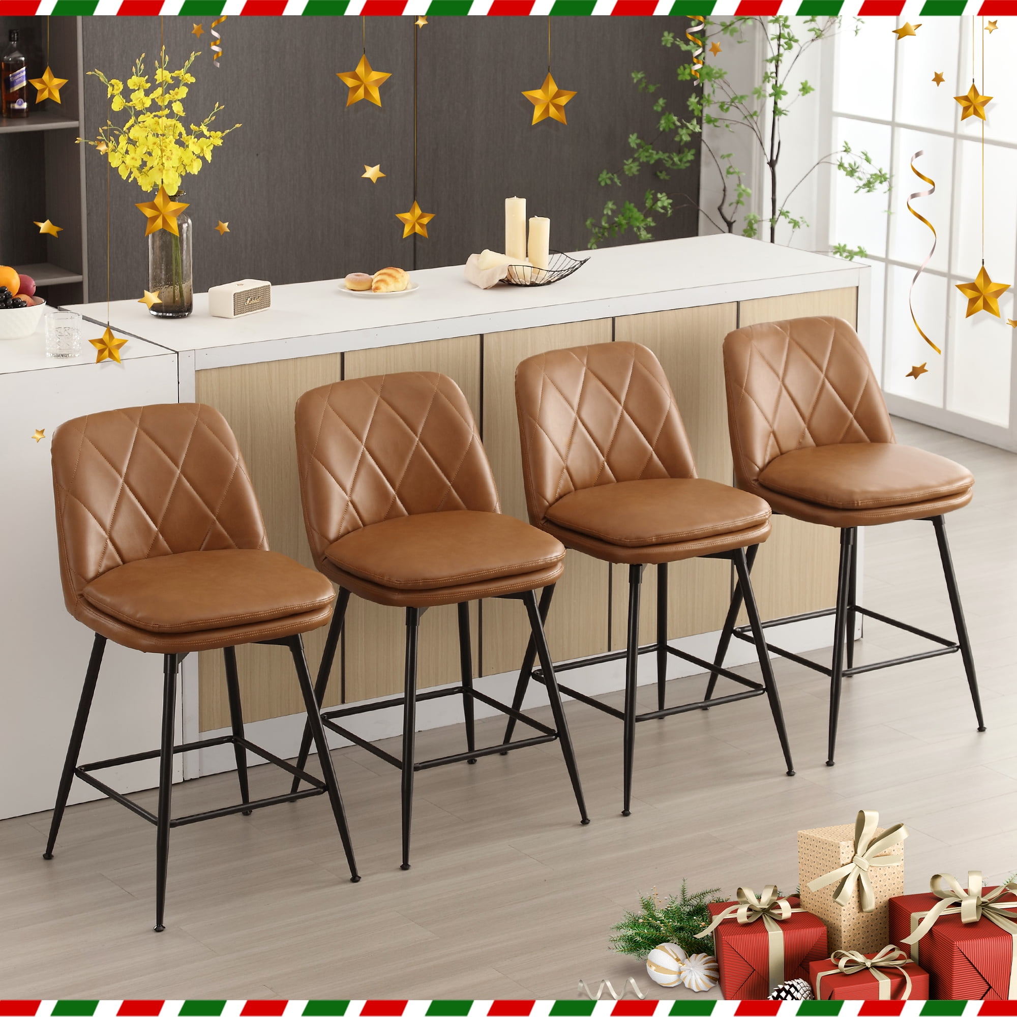 AUSTUFF 29" Swivel Bar Stools Faux Leather Barstools Set of 4, Brown ...