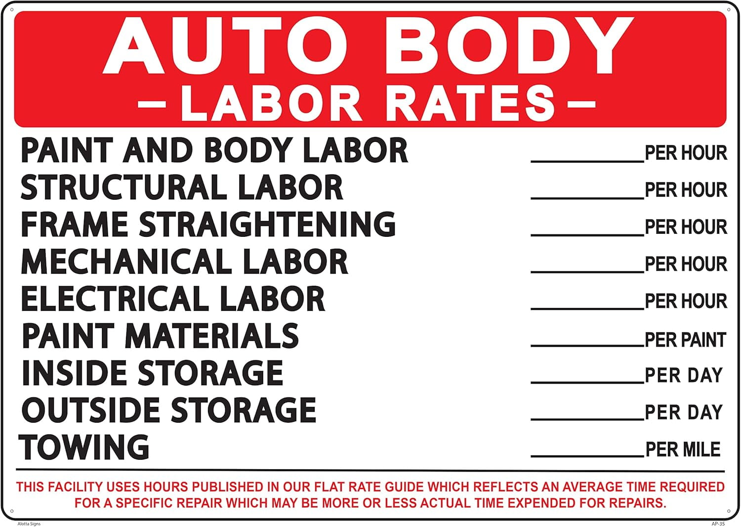 AUTO BODY LABOR RATES 20x28 Heavy Duty Plastic Sign - Walmart.com