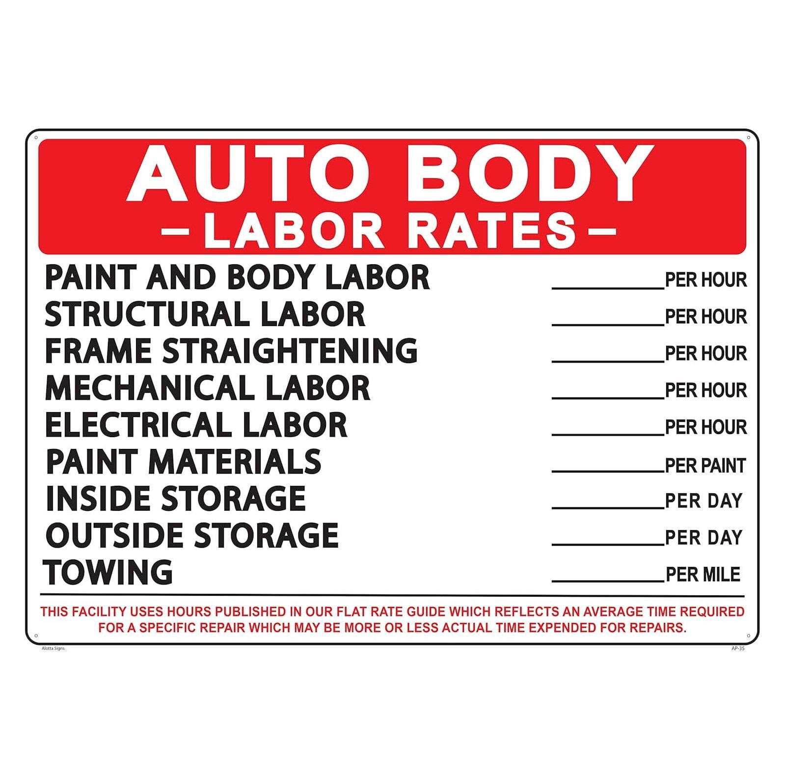 AUTO BODY LABOR RATES 20x28 Heavy Duty Plastic Sign - Walmart.com