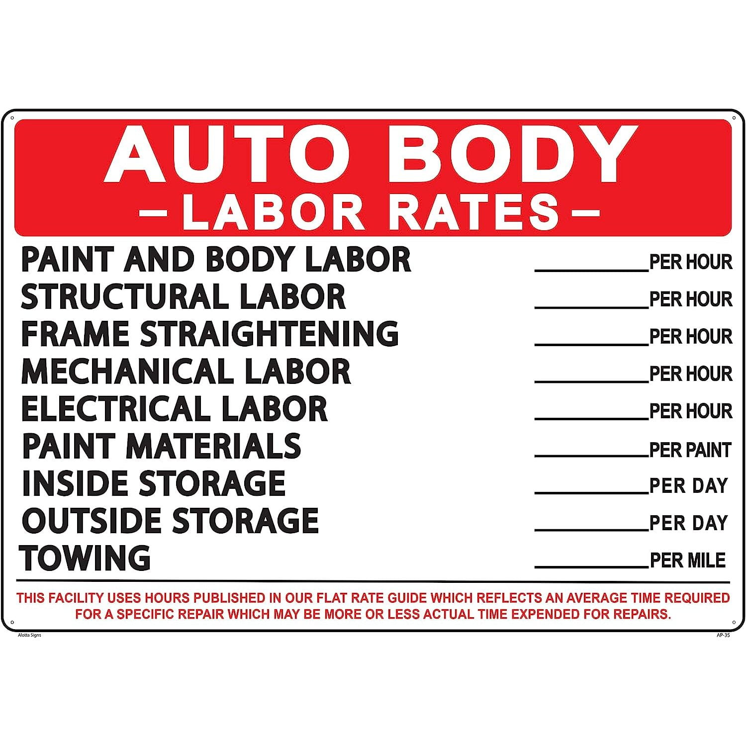 AUTO BODY LABOR RATES 20x28 Heavy Duty Plastic Sign - Walmart.com