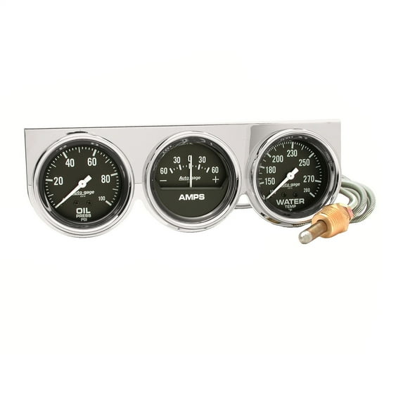 AUTO METER 2395 Autogage Black Oil/Amp/Water Gauge Chrome Console - 2 5/8 - Full Sweep ...