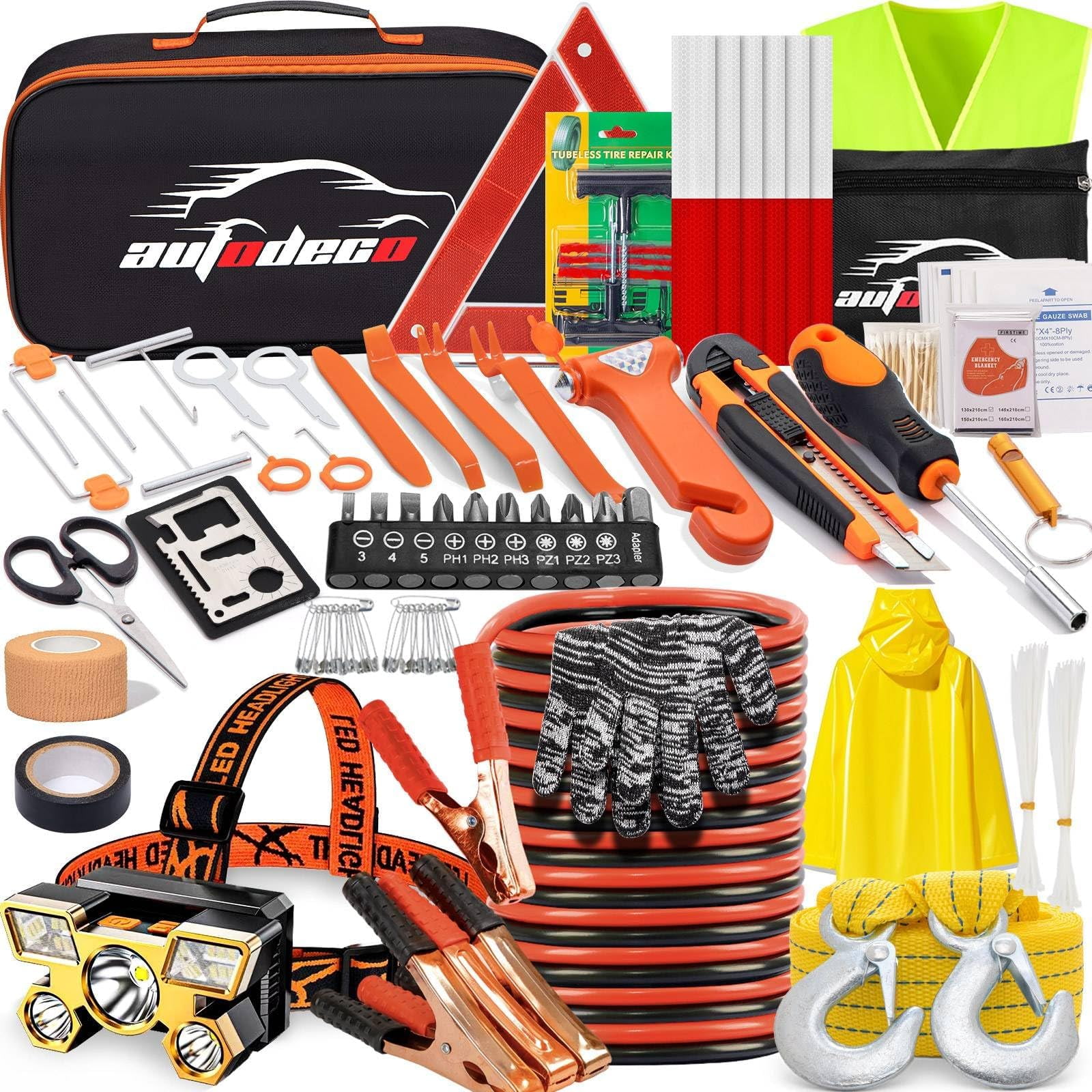AUTODECO 126pcs Roadside Emergency Car Kit - Auto Safety Kit Vehicle ...