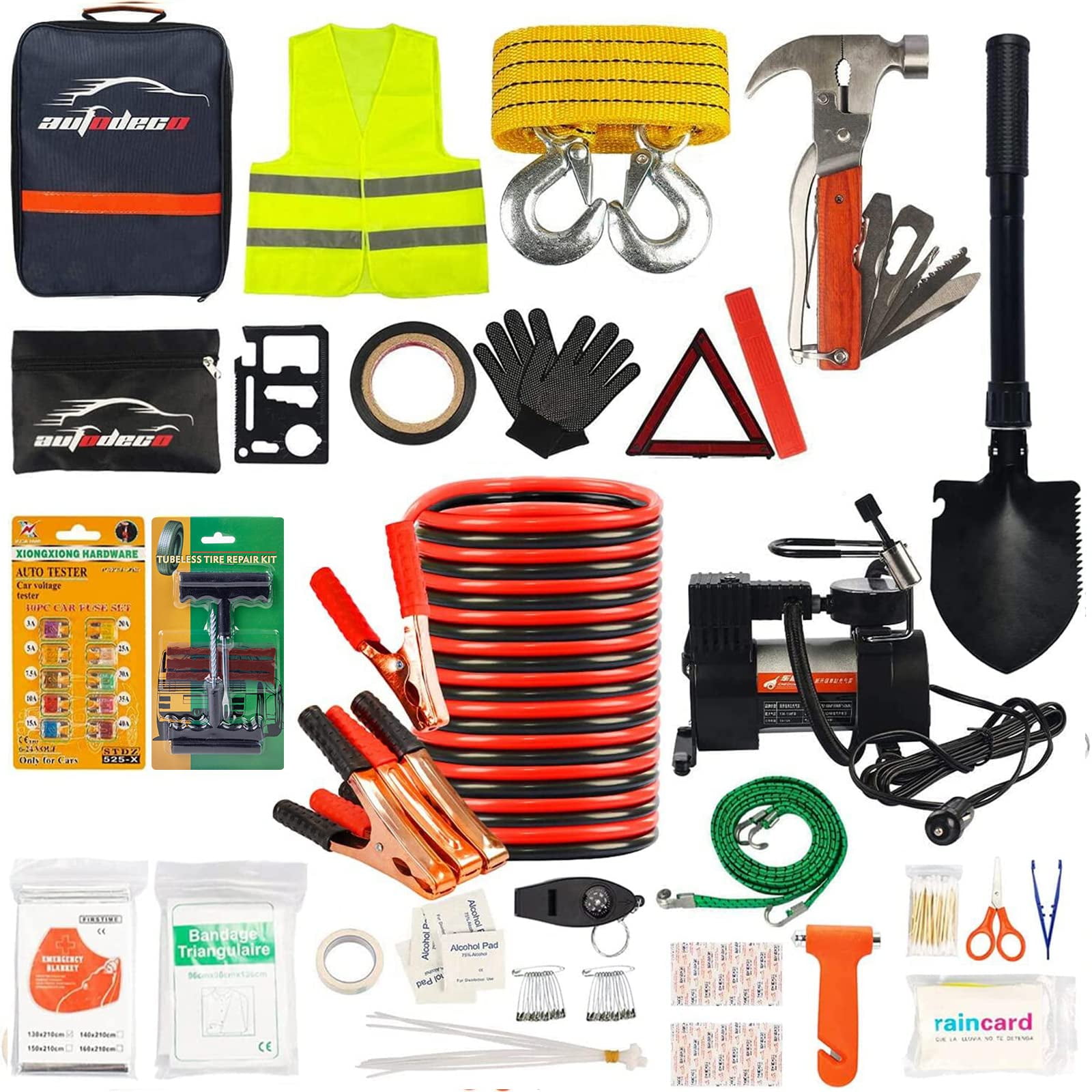 AUTODECO Car Roadside Emergency Kit - 118-Piece Premium Heavy Duty Car ...