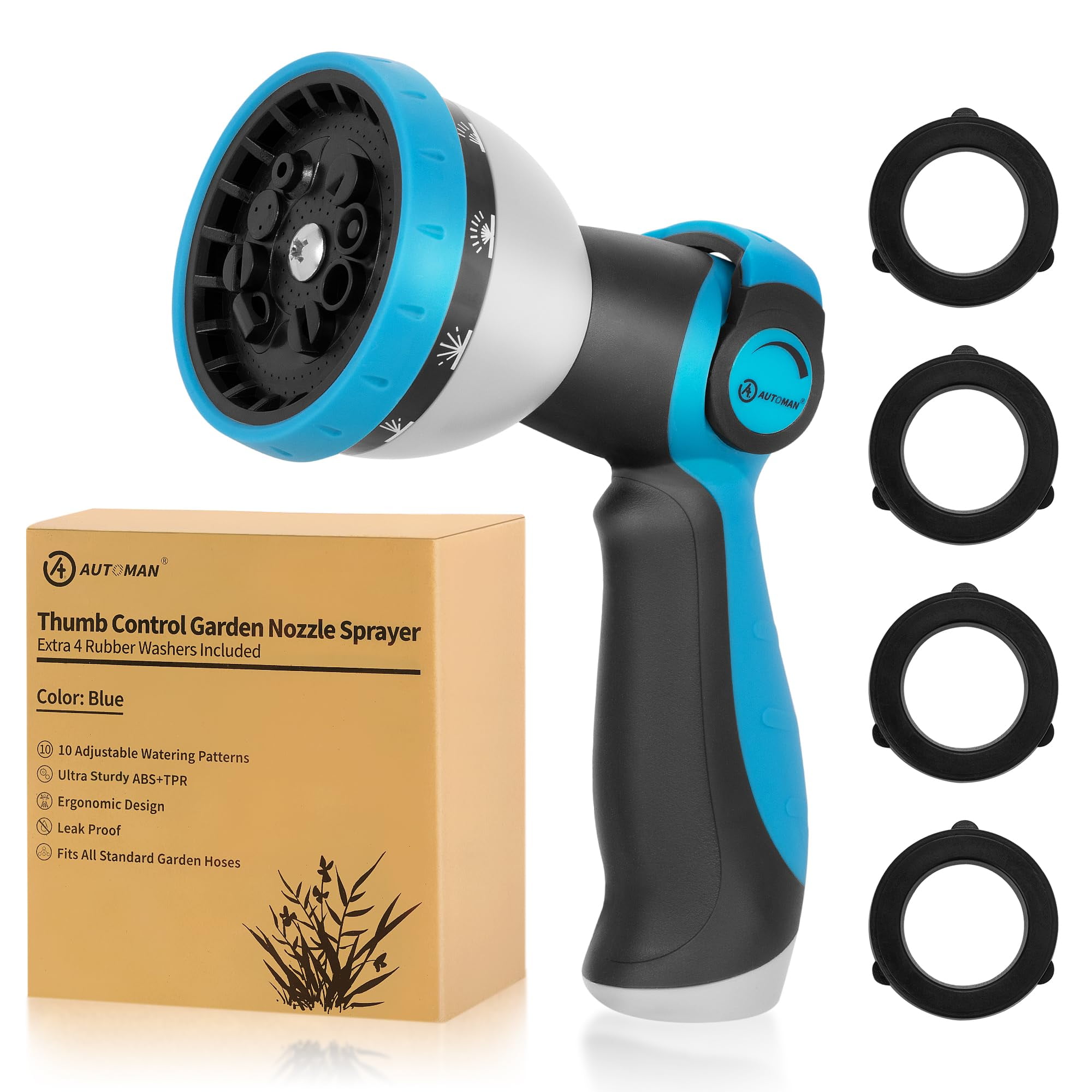 AUTOMAN Garden Hose Nozzle JKF25 - 10 Adjustable Spray Thumb Flow ...