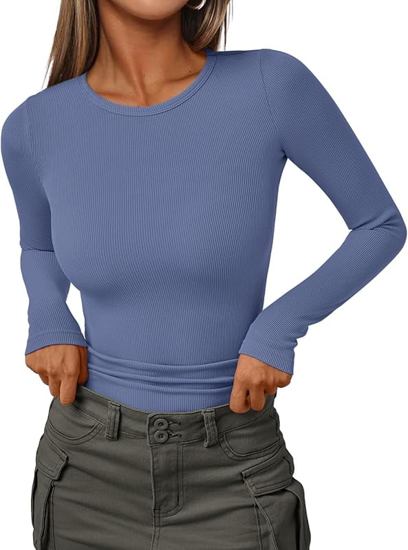 AUTOMET Womens Ribbed Shirts Crewneck Fitted Tops Casual Underscrubs ...