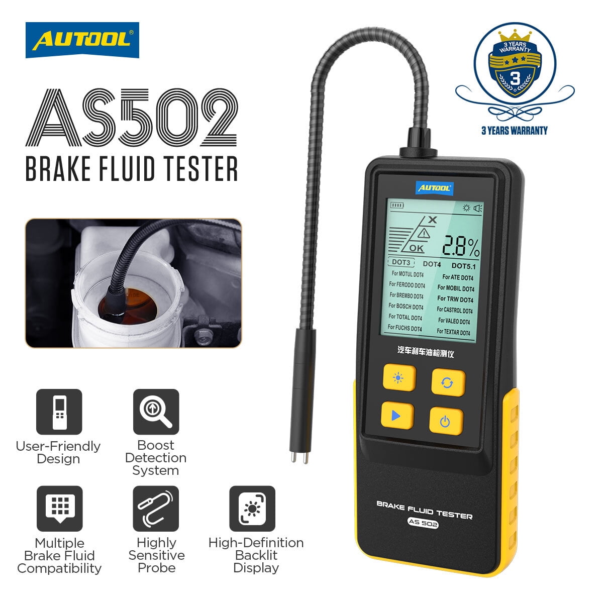 AUTOOL AS502 Car Brake Fluid Tester Universal Brake Oil Detector 2.8 ...