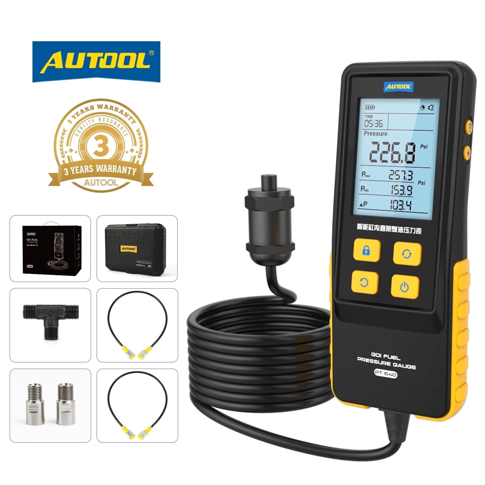 AUTOOL PT640 Digital GDI Fuel Pressure Gauge Kit, 0-360Bar Smart GDI ...