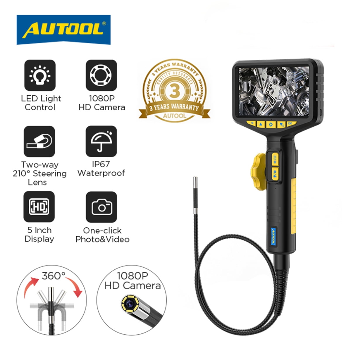 AUTOOL SVB305 Industrial Endoscope, 1080P HD 5'' Screen Borescope,200W ...