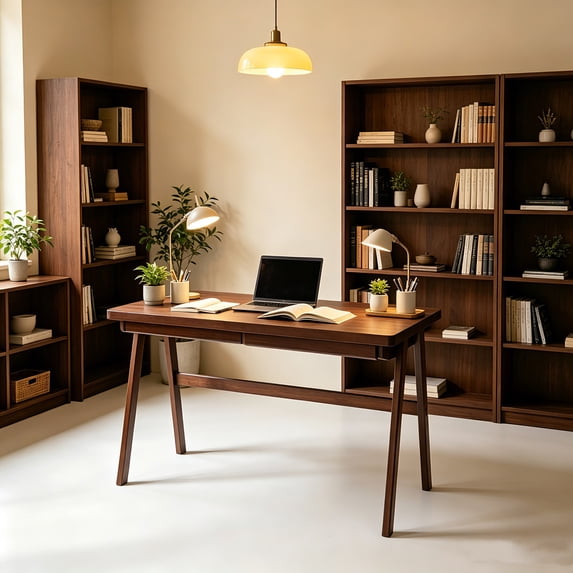 AUU 100% Solid Rubber Wood Computer Desk with Drawer – Retro Walnut ...
