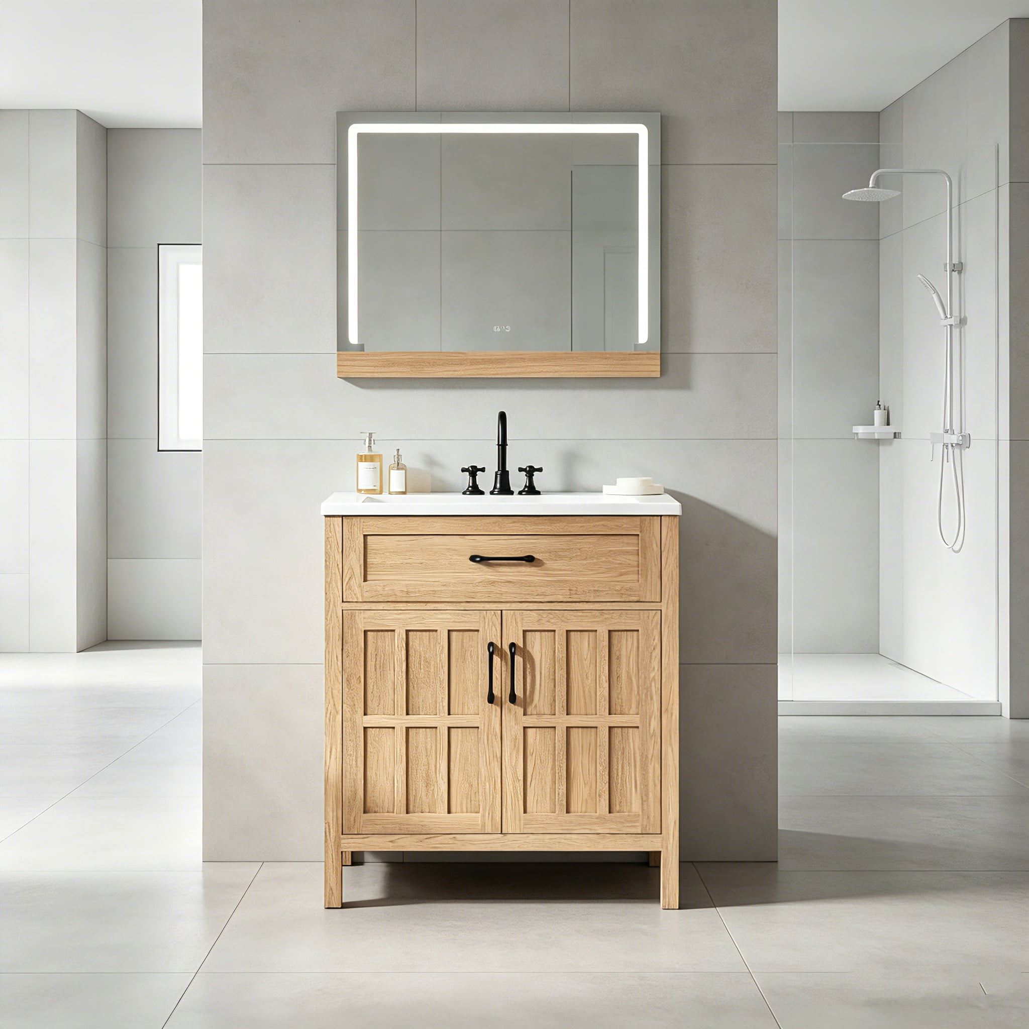 AUU 30" Natural Wood Grain Bathroom Vanity with Resin Sink, Solid Wood ...
