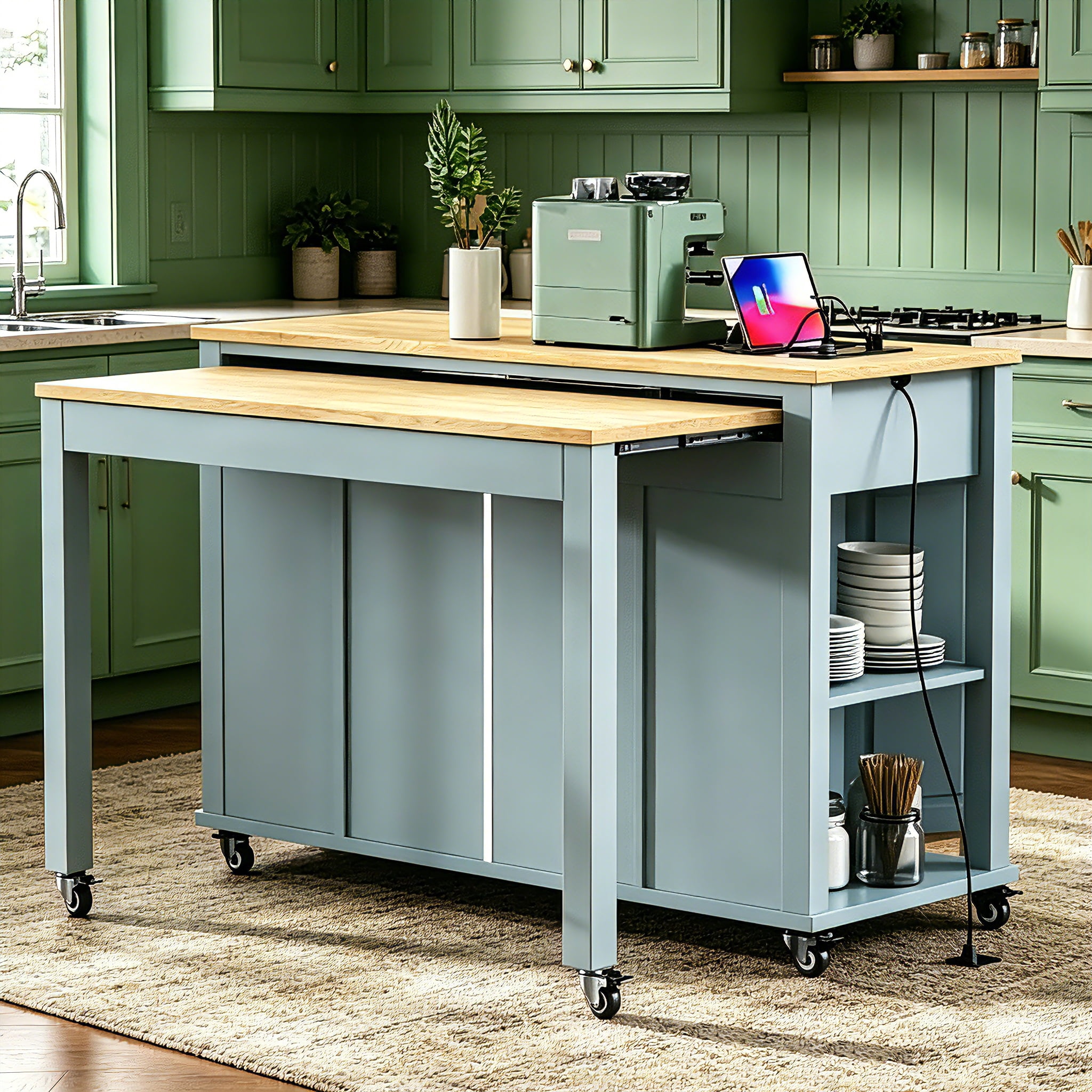 AUU 47-Inch Kitchen Island with Extendable Dining Table – Rubber Wood ...