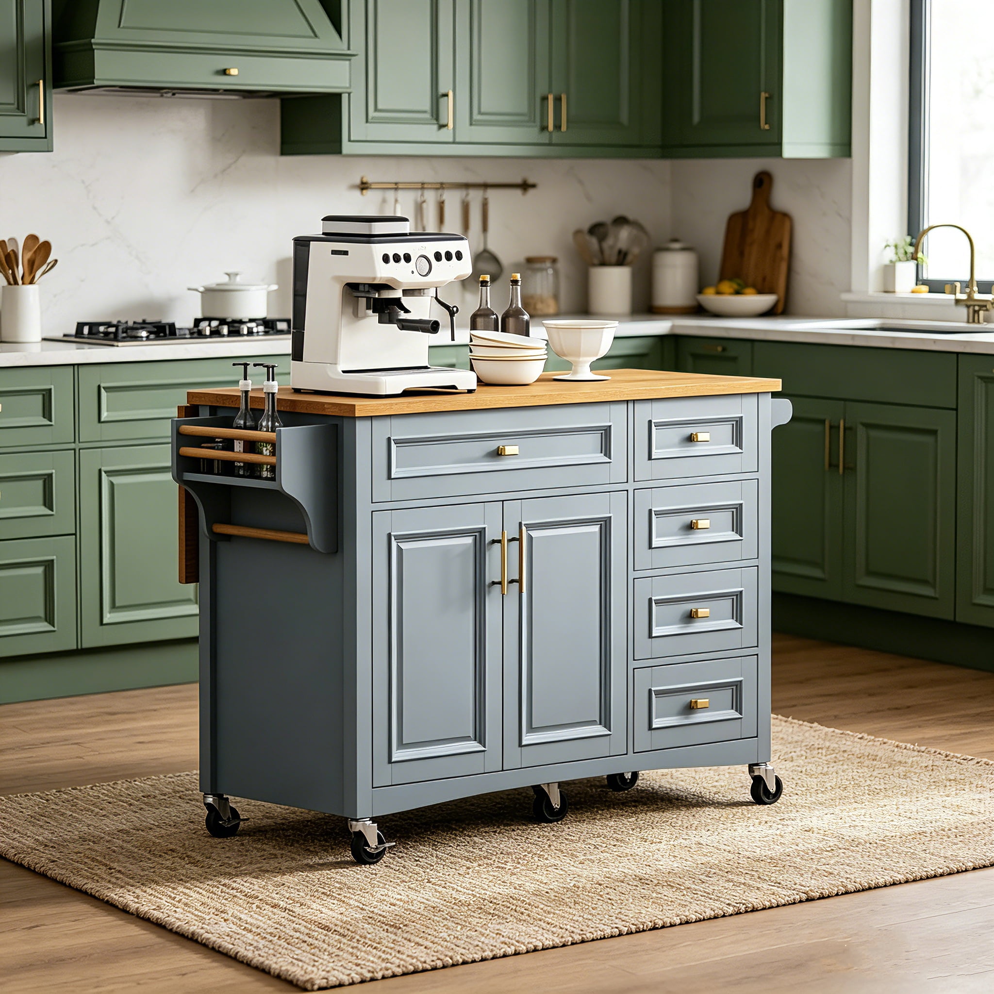 AUU 52" Kitchen Island with Drop Leaf – Embossed Texture Rolling ...