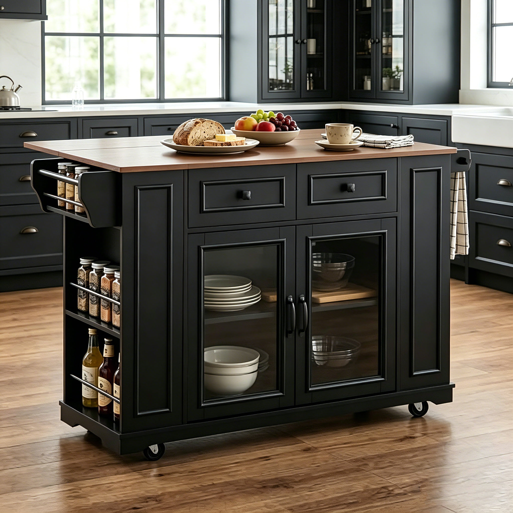AUU 54-Inch Mobile Kitchen Island with Glass Door Storage – Rolling ...