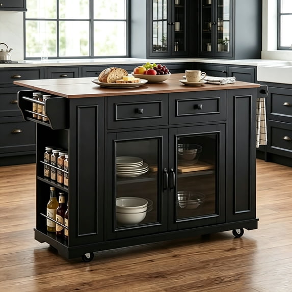 AUU 54-Inch Mobile Kitchen Island with Glass Door Storage – Rolling ...