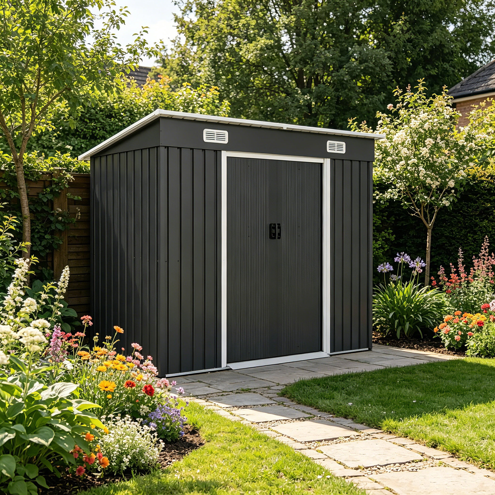 AUU 8x4 ft Galvanized Steel Outdoor Shed with Sliding Door – Lock Hole ...