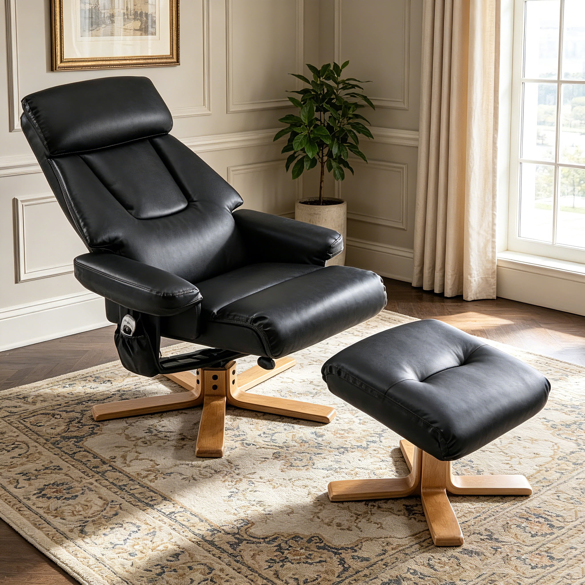 AUU Black PU Leather Heated Massage Swivel Accent Chair with Ottoman ...