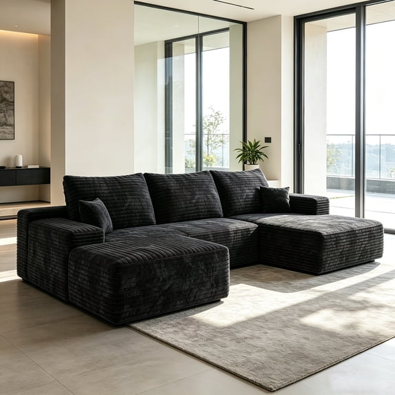AUU Black Plush Corduroy 107-Inch U-Shaped Cloud Sectional Sofa with ...