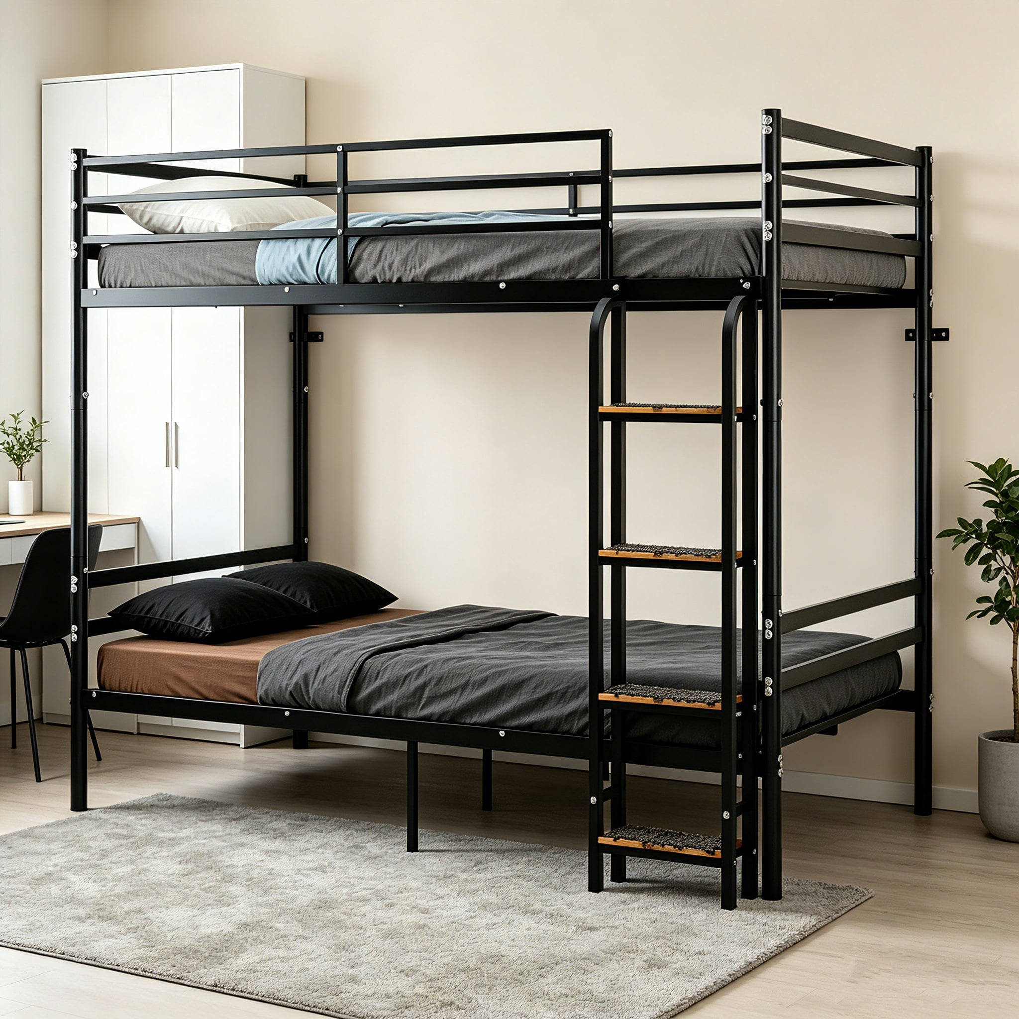 AUU Black Twin-Over-Twin Metal Bunk Bed with Ladder & Reinforced Slat ...