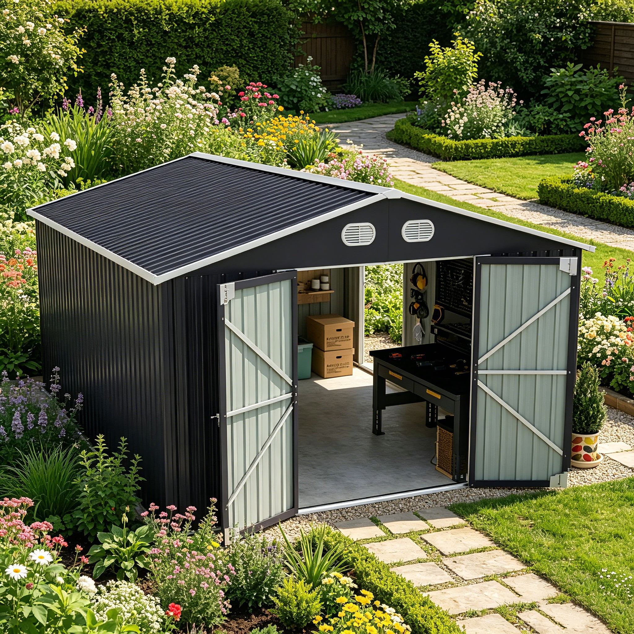 AUU Dark Gray 10x12 FT Heavy Duty Outdoor Metal Storage Shed – Lockable ...