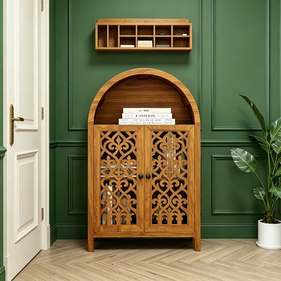 AUU Hand-Carved Solid Wood Arched Accent Cabinet – Tall Narrow Storage ...
