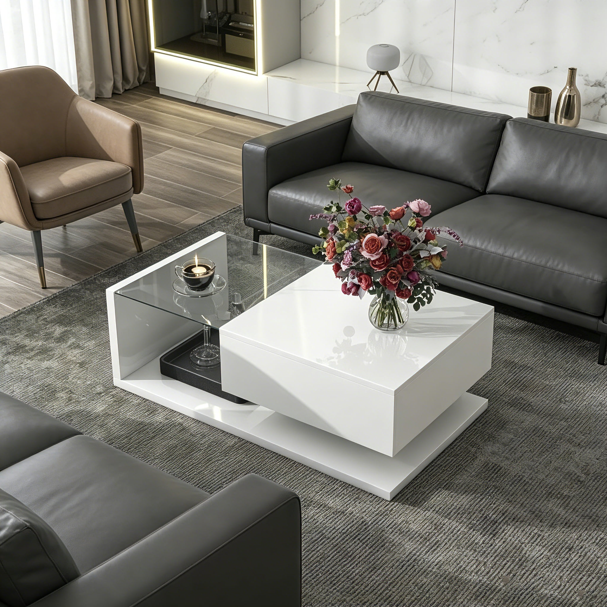 AUU Modern 2-Tier Rectangle Coffee Table with Tempered Glass Top & High ...