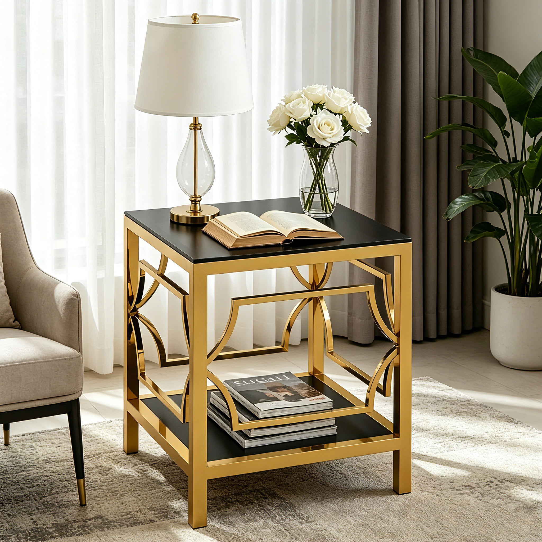 AUU Modern Gold 19.7-Inch Square Side Table – Tempered Glass Top ...