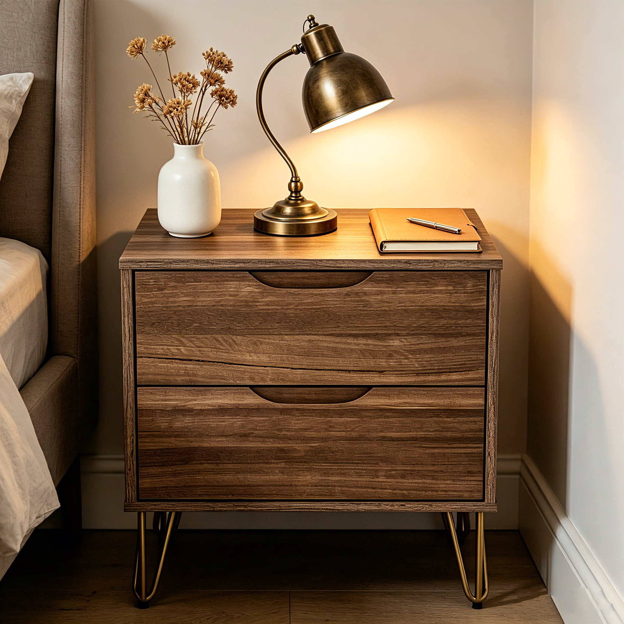 AUU Modern Nightstand with 2 Drawers and Sleek Metal Legs – Compact ...