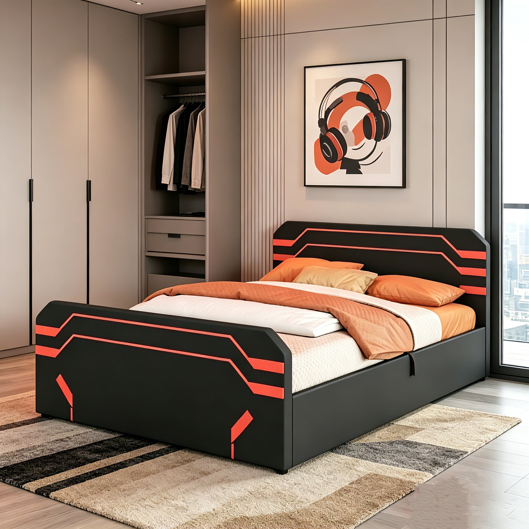 AUU Queen Size Upholstered Gaming Bed with Side-Lift Hydraulic Storage ...