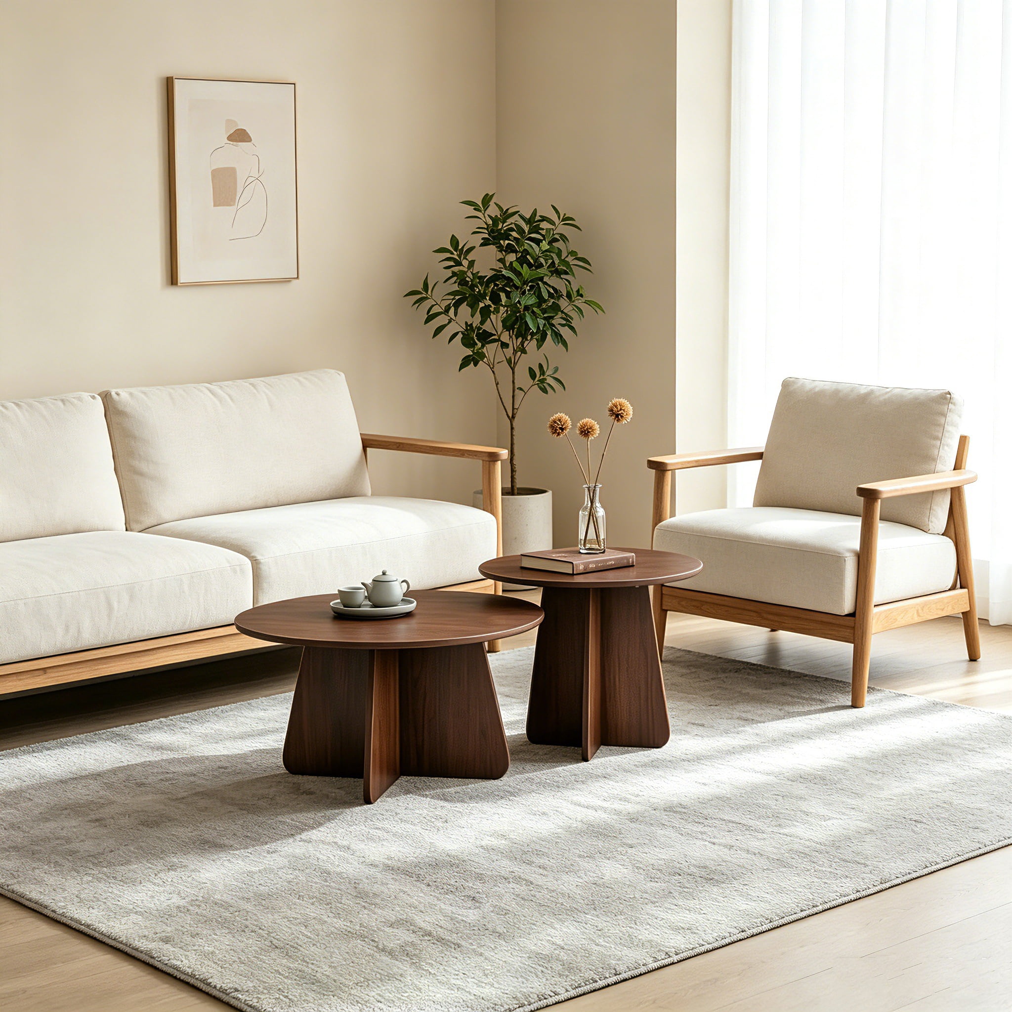 AUU Retro Round Nesting Coffee Table Set – Walnut or Natural Wood ...