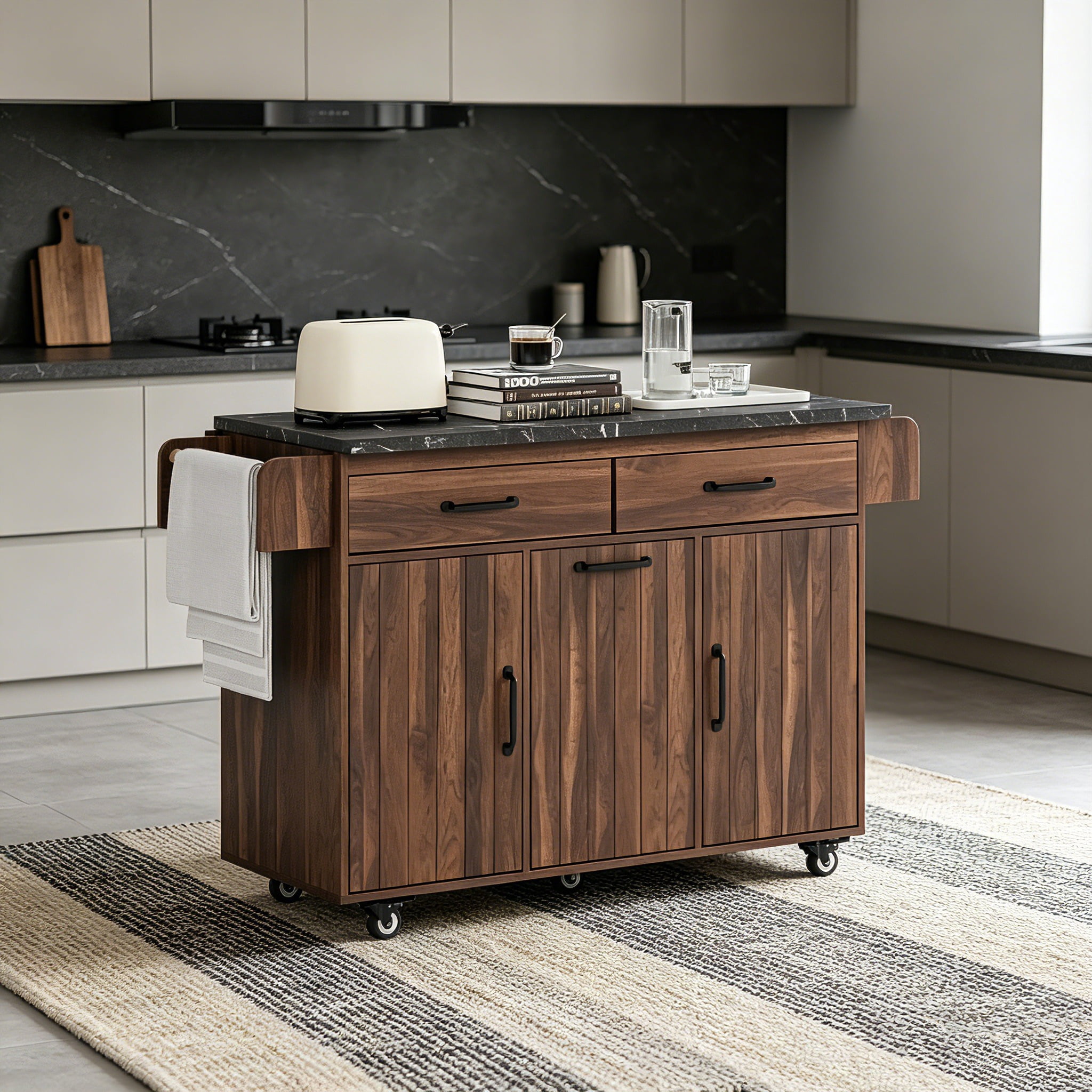 AUU Rolling Kitchen Island with Trash Can Storage Cabinet, Drop Leaf ...