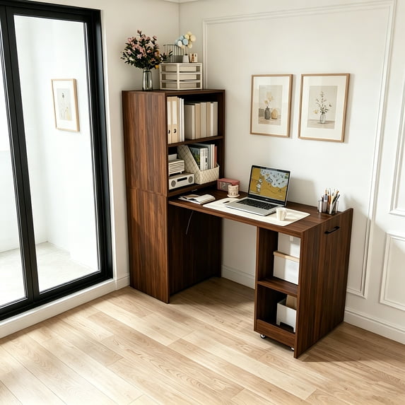 AUU Walnut Stretchable Foldable Mobile Office Desk with Storage Shelves ...