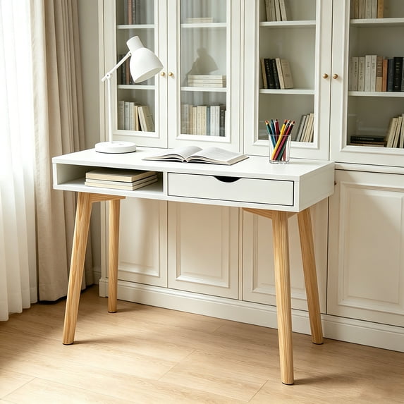 AUU White Modern Writing Desk with Natural Wood Legs – Multipurpose ...