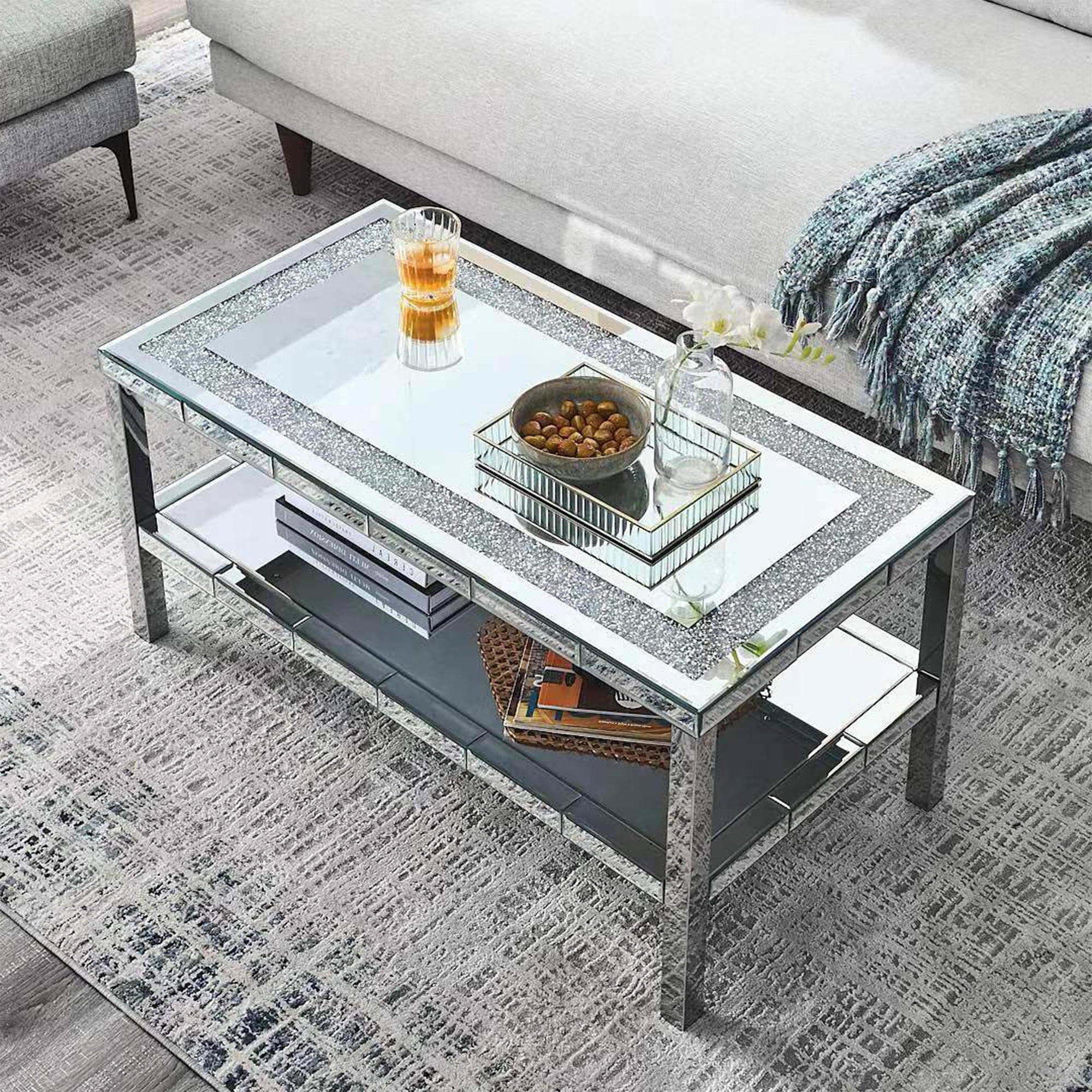 AUWHALEUS Mirrored Coffee Table with Crystal Decor, 2 Tier Glass Coffee ...