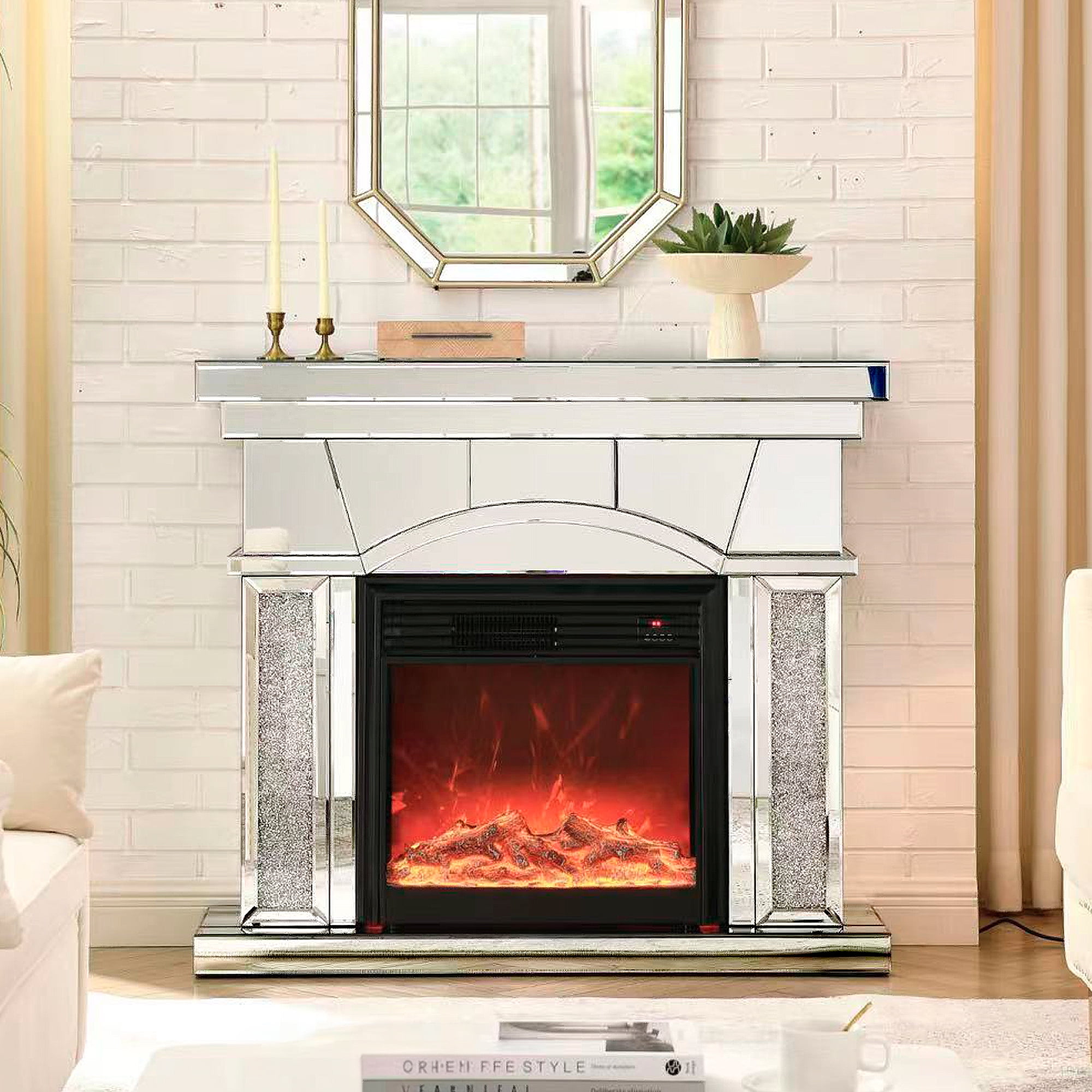 AUWHALEUS Silver Mirrored Electric Fireplace with Crystal Decor, 7 ...