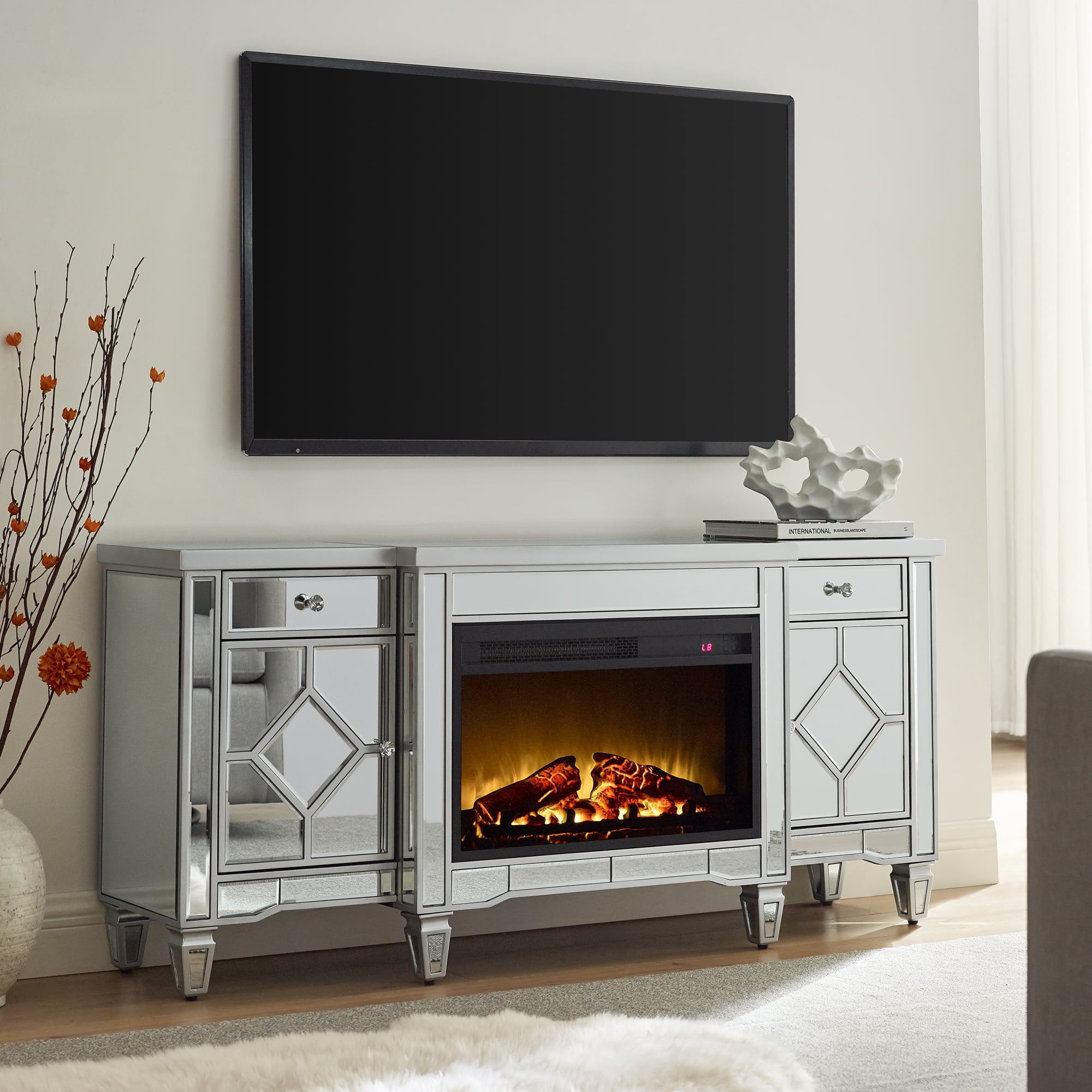 AUWHALEUS Silver Mirrored TV Stand with Fireplace, Television Stands ...
