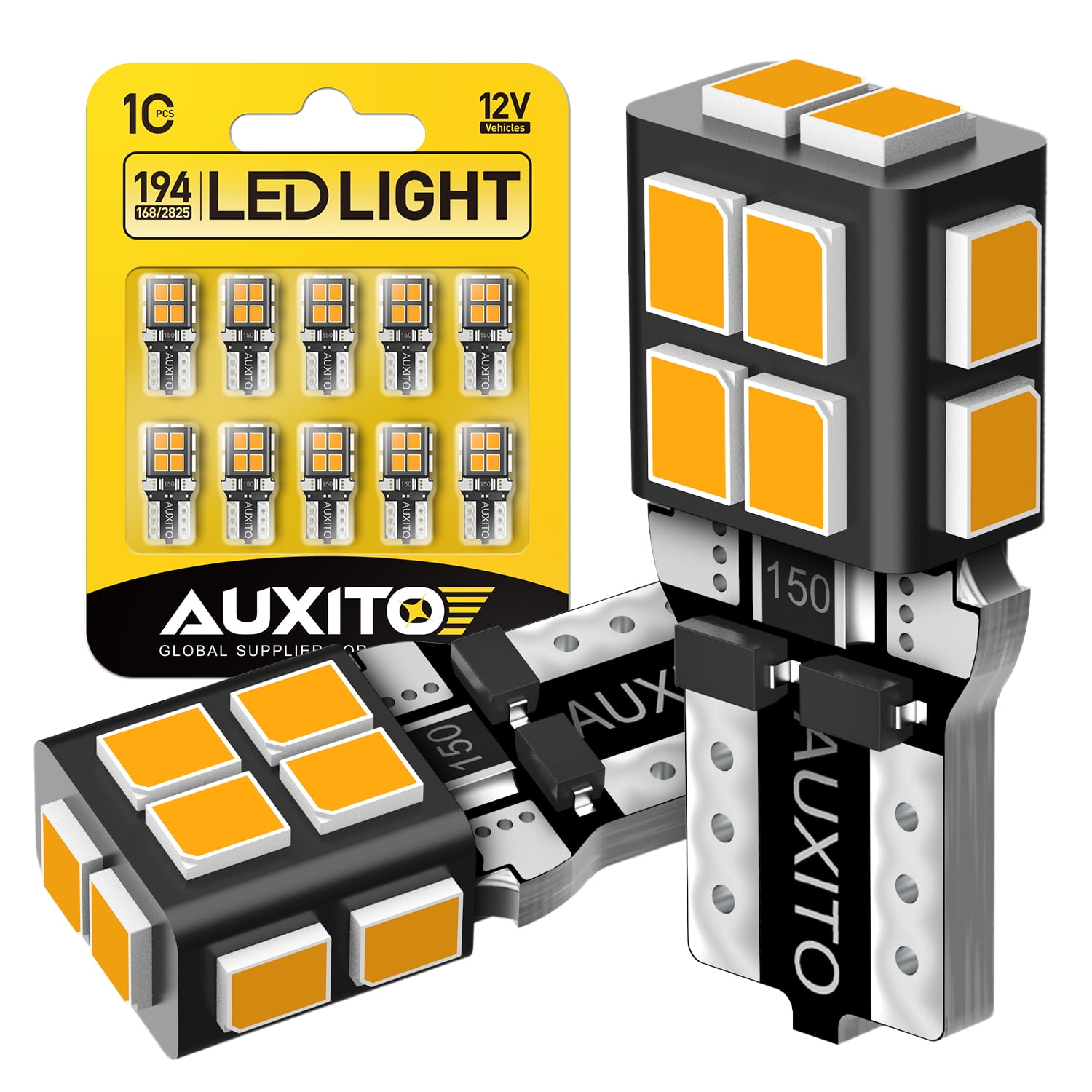 AUXITO 194 LED Light Bulb Amber Yellow 168 2825 W5W T10 Wedge 14-SMD LED Replacement Bulbs for ...